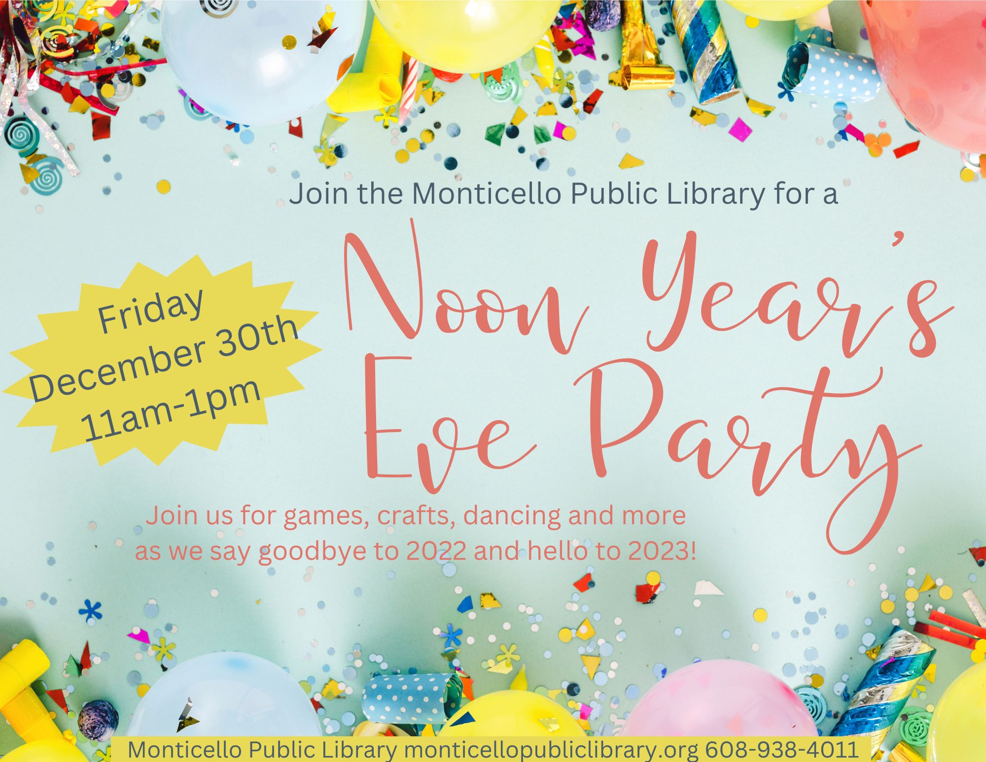Noon Year's Eve Party | Monticello Public Library Noon Year's Eve Party | Monticello Public Library